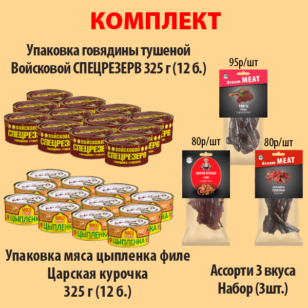 Упаковка говядины тушеной 325г, Мяса цыпленка 325г и Ассорти 3 вкуса по ...